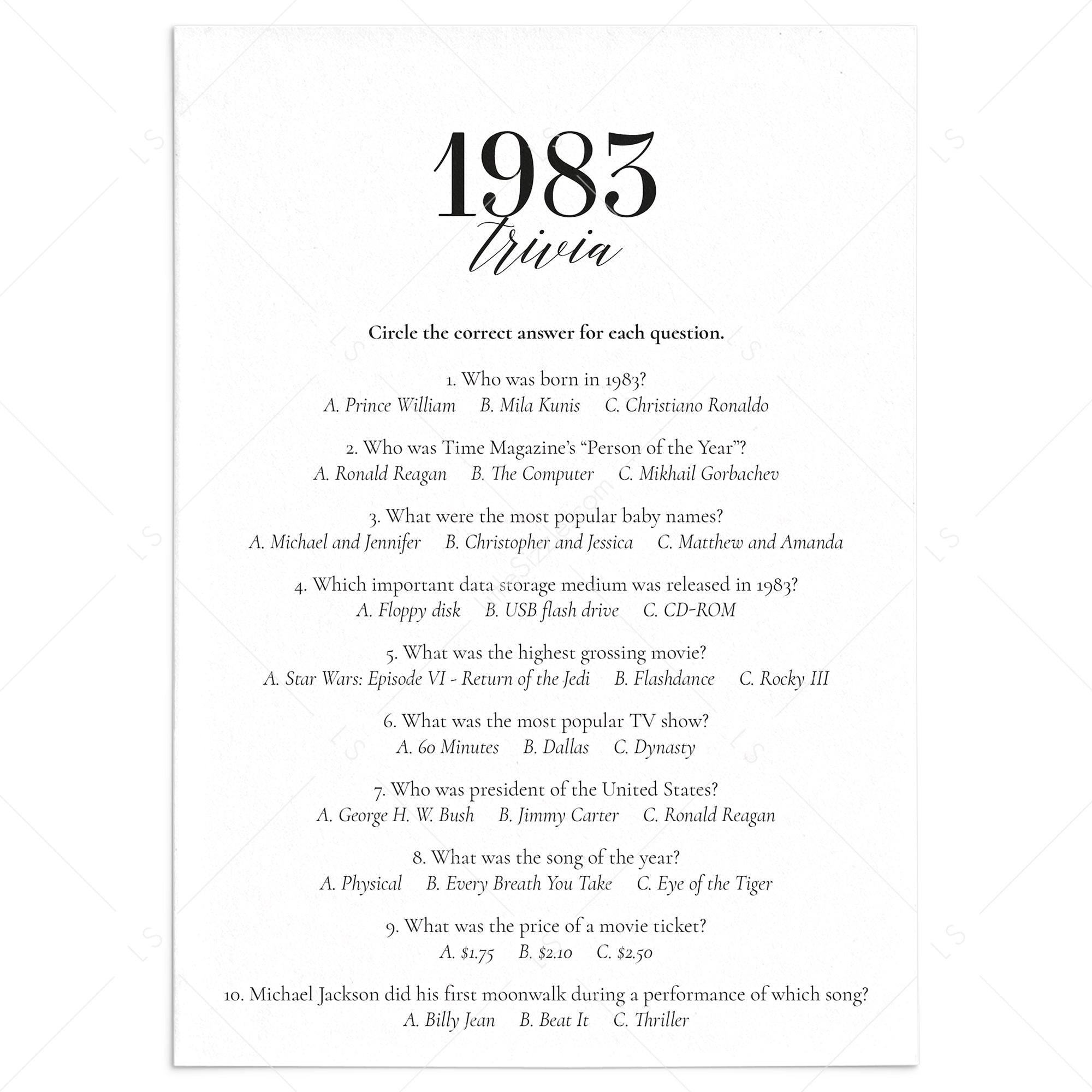 1983 Fun Facts Quiz With Answers Printable 1983 Pop Culture Trivia 1983 Fun Facts Quiz With Answers Printable 1983 Pop Culture Trivia