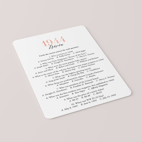 1944 Trivia Questions and Answers Printable | Instant Download ...