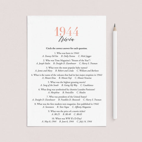 1944 Trivia Questions and Answers Printable | Instant Download ...