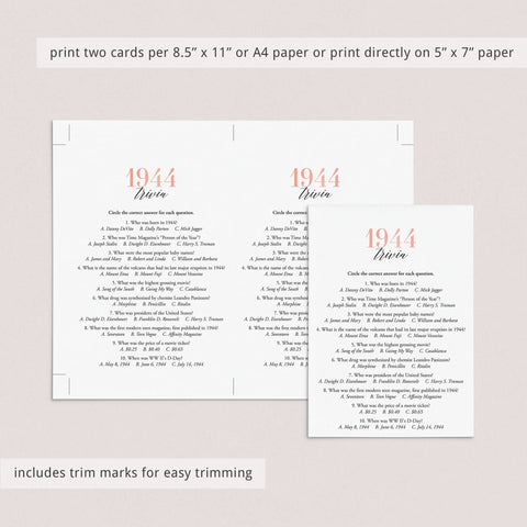 1944 Trivia Questions and Answers Printable | Instant Download ...