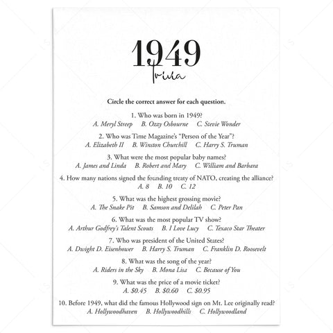 1949 Trivia Quiz with Answer Key Instant Download | 75th Birthday Ideas ...