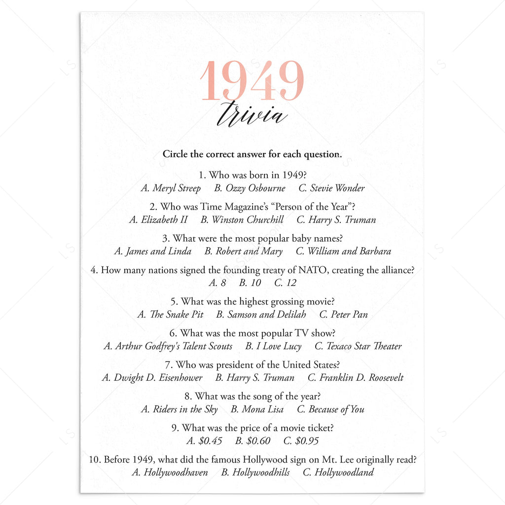 1949 Trivia Questions and Answers Printable | Instant Download ...