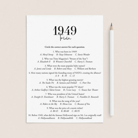 1949 Trivia Quiz with Answer Key Instant Download | 75th Birthday Ideas ...