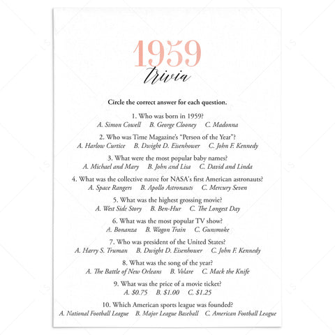 1959 Trivia Questions and Answers Printable | Instant Download ...