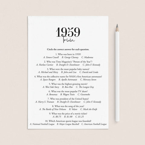 1959 Trivia Quiz with Answer Key Instant Download | 65th Party Ideas ...
