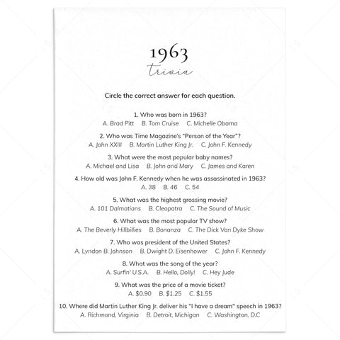 1963 Quiz and Answers Printable | All About The Year 1963 Trivia ...