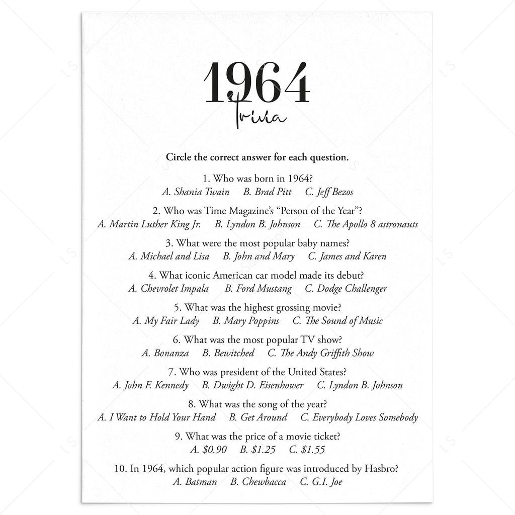 1964 Trivia Quiz with Answer Key Instant Download | 60th Party ideas ...