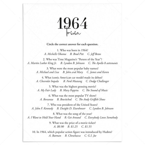 1964 Trivia Quiz with Answer Key Instant Download | 60th Party ideas ...