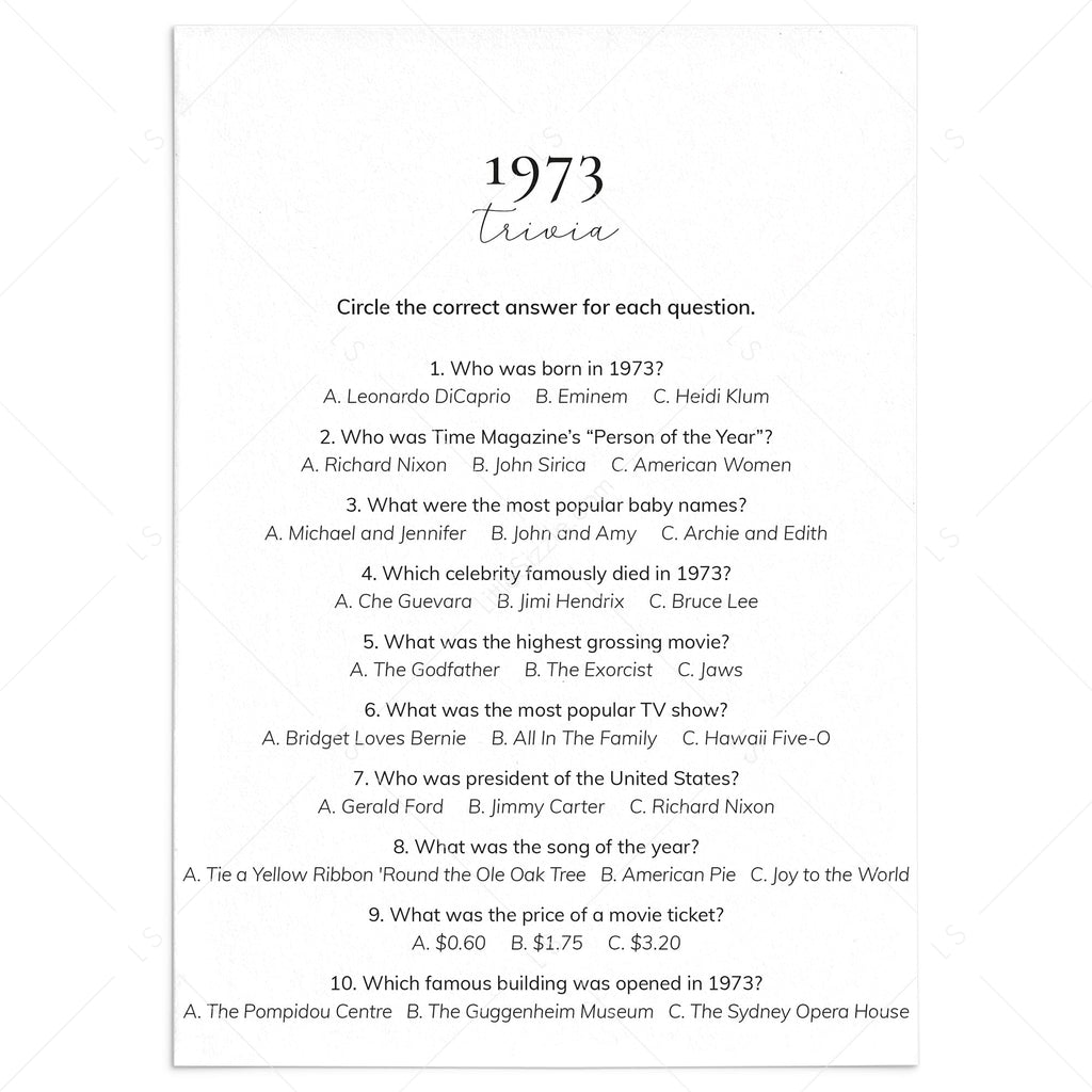 1973 Quiz and Answers Printable | All About The Year 1973 Trivia ...