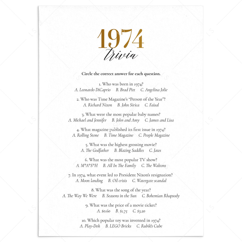 Gold 1974 Trivia Questions with Answers Printable | Instant Download ...