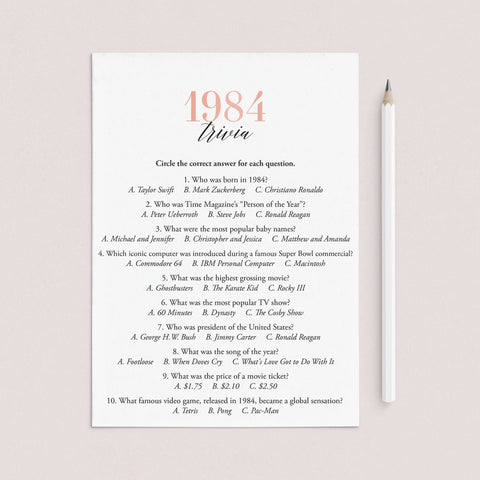 1984 Trivia Questions and Answers Printable | Instant Download ...