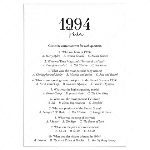 1994 Trivia Quiz with Answer Key Instant Download | Fun Facts 1994 ...