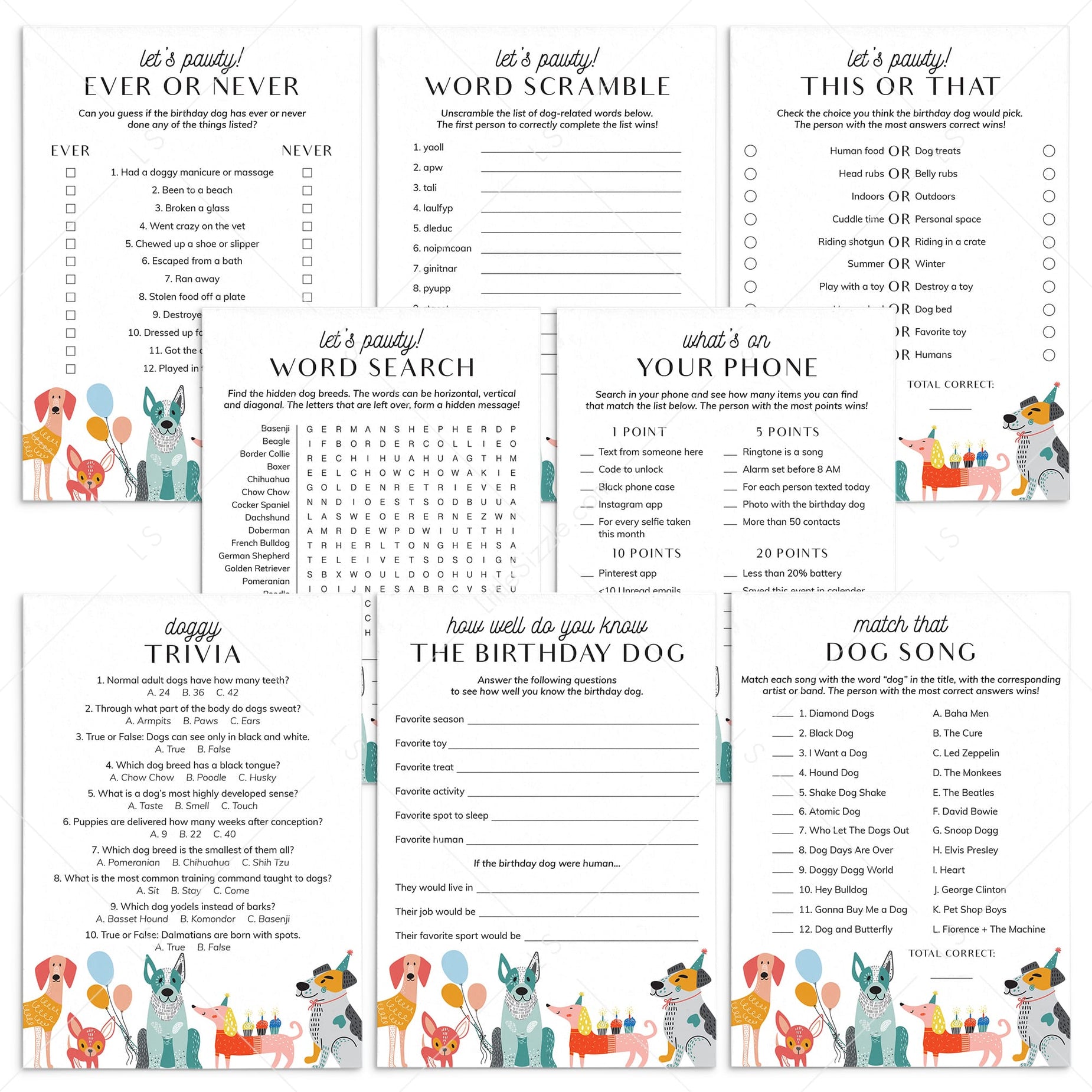 Dog Birthday Party Games Printable | Let's Pawty theme Party Ideas ...