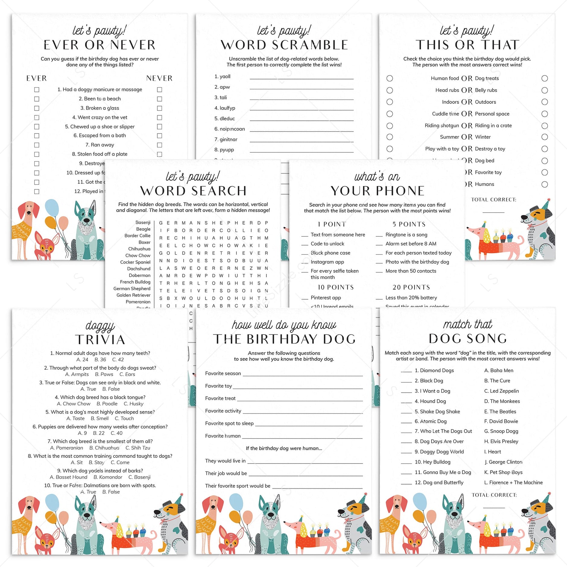 Dog Birthday Party Games Printable | Let's Pawty theme Party Ideas ...