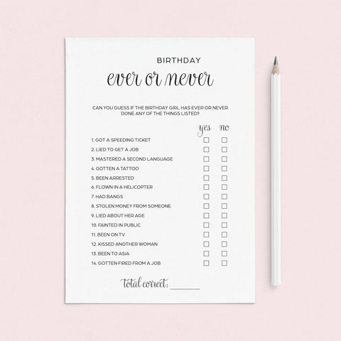 Ever or Never Birthday Game for Her Printable | Black & White ...