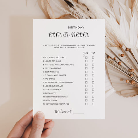 Ever or Never Birthday Game for Her Printable | Black & White ...