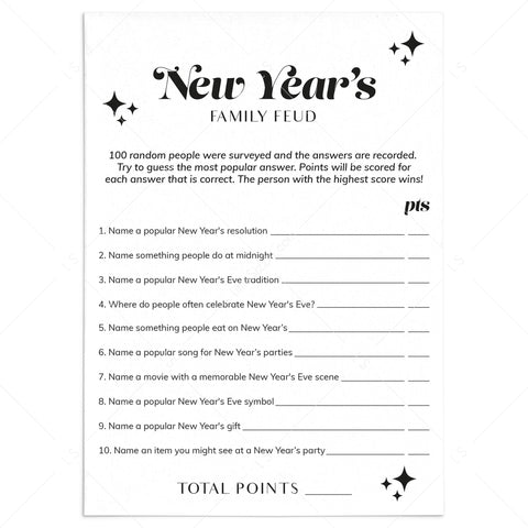 Family Feud New Years Party Game Printable Questions and Answers ...