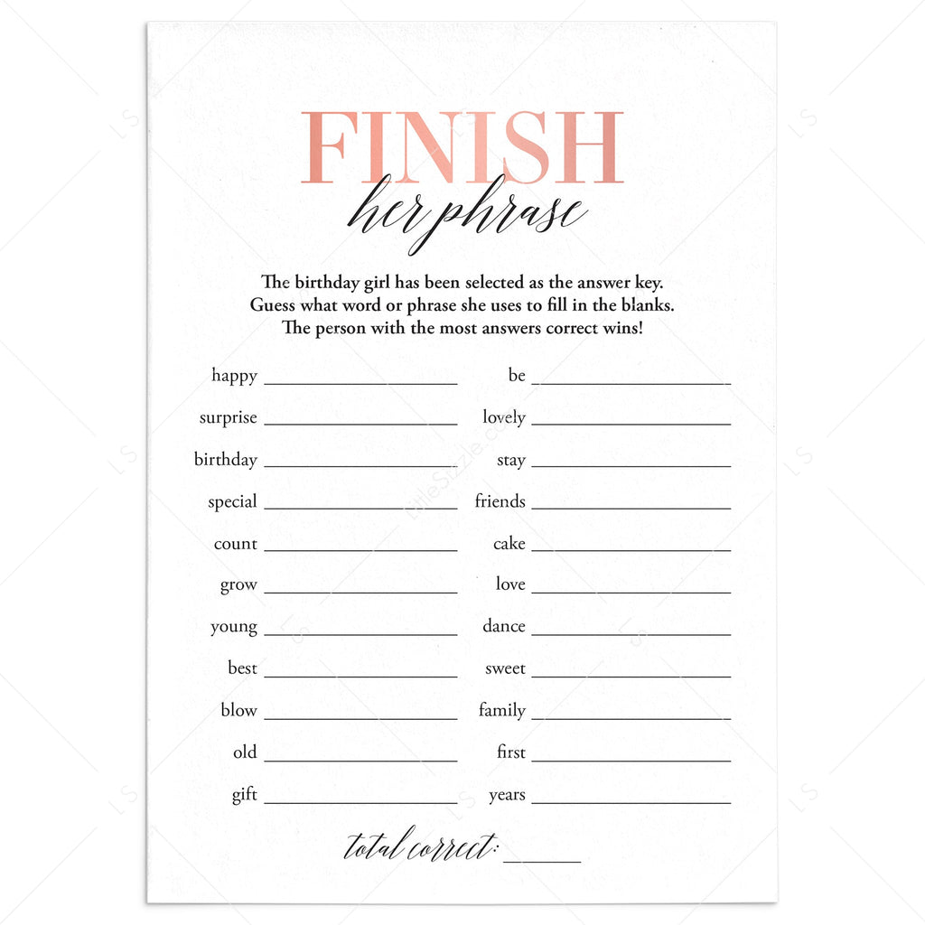 Finish Her Phrase Birthday Game for Her | Printable | Digital Download ...