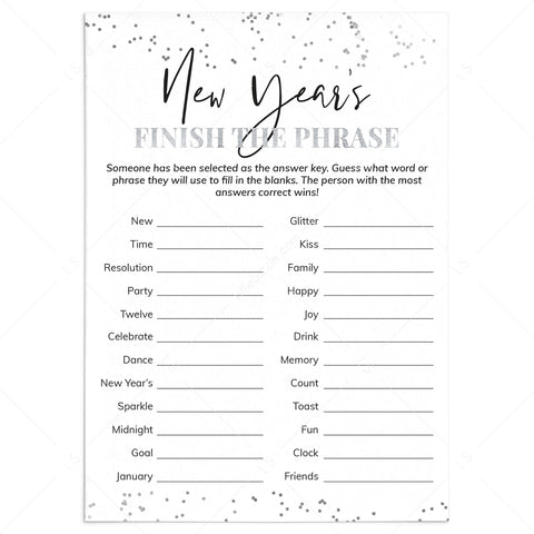 New Year's Group Game Finish The Phrase | Silver New Year's Eve Games ...