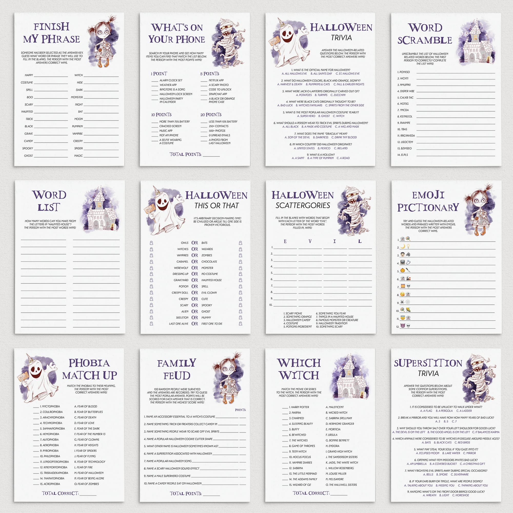 Fun Halloween Party Games Bundle Digital Download | 12 Printable Games ...