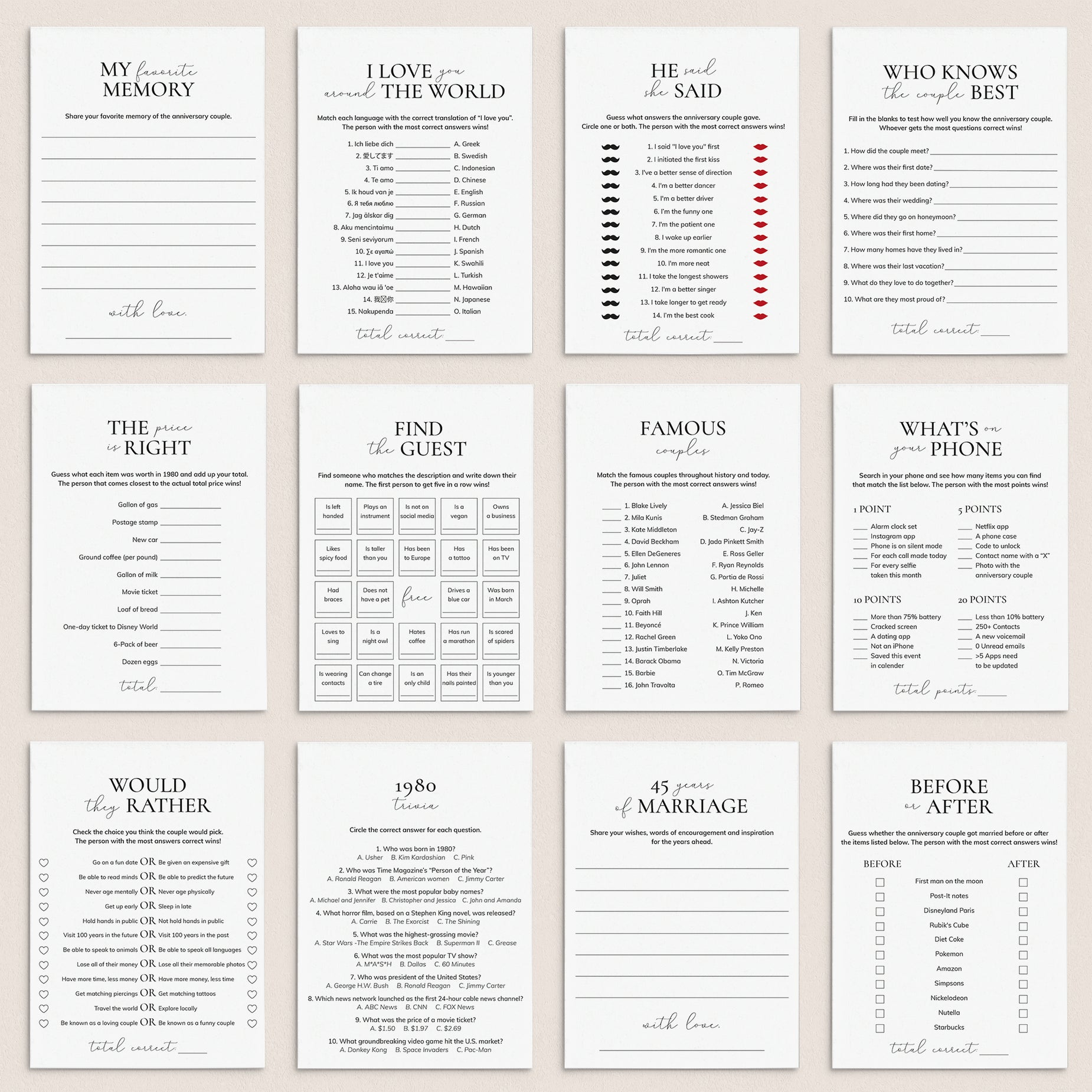 45th Anniversary Party Games Printable | 45 Wedding Anniversary Ideas ...