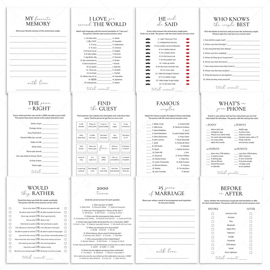 25th Anniversary Party Games Printable | 25th Wedding Anniversary ...