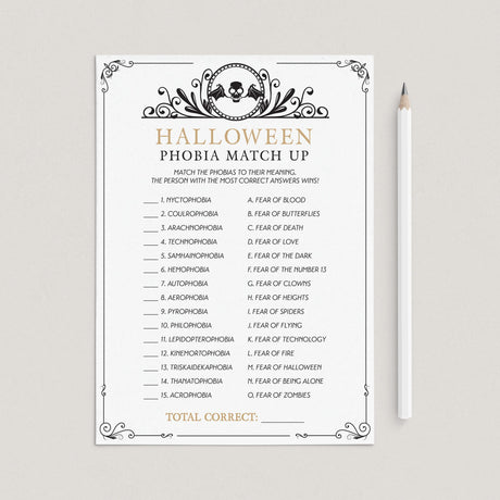 Halloween Phobia Match Up with Answer Key Printables – LittleSizzle