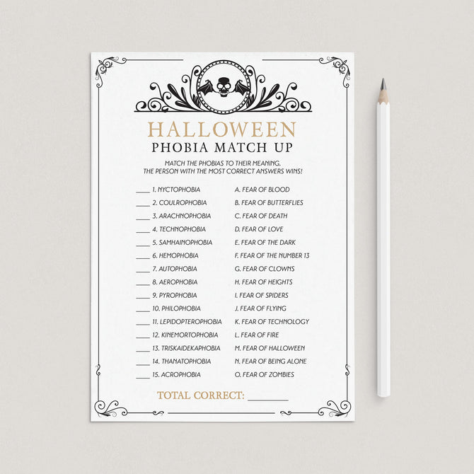 Halloween Phobia Match Up with Answer Key Printables – LittleSizzle