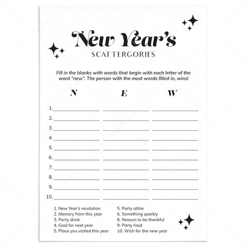 Black & White New Year's Game Scattergories Printable – LittleSizzle