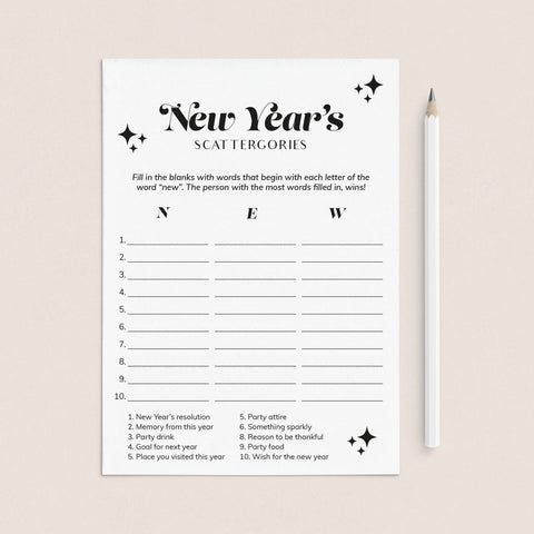 Black & White New Year's Game Scattergories Printable – LittleSizzle
