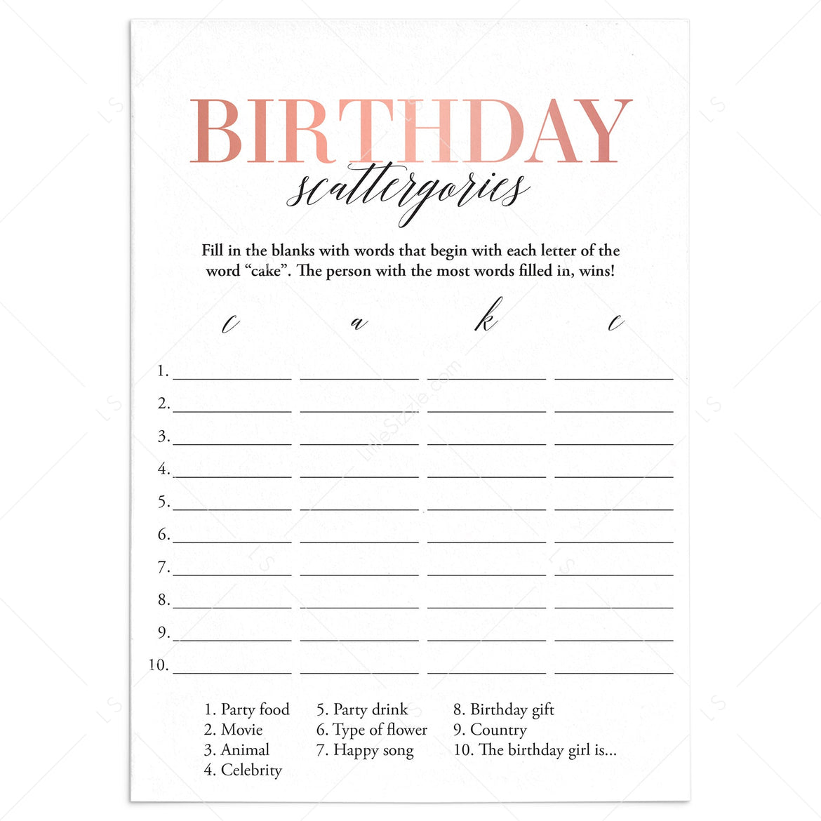 Birthday Scattergories Printables | Birthday Party Games Download ...
