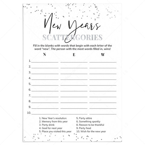 Silver New Year Game Scattergories Printable | Instant Download ...