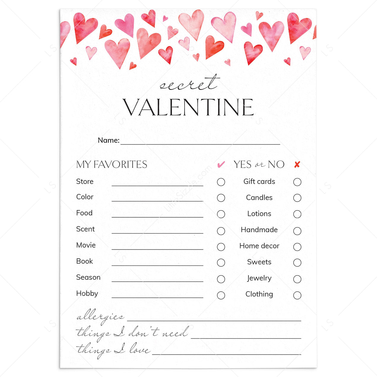 Secret Valentine Questionnaire Printables | Valentine Gift Exchange ...