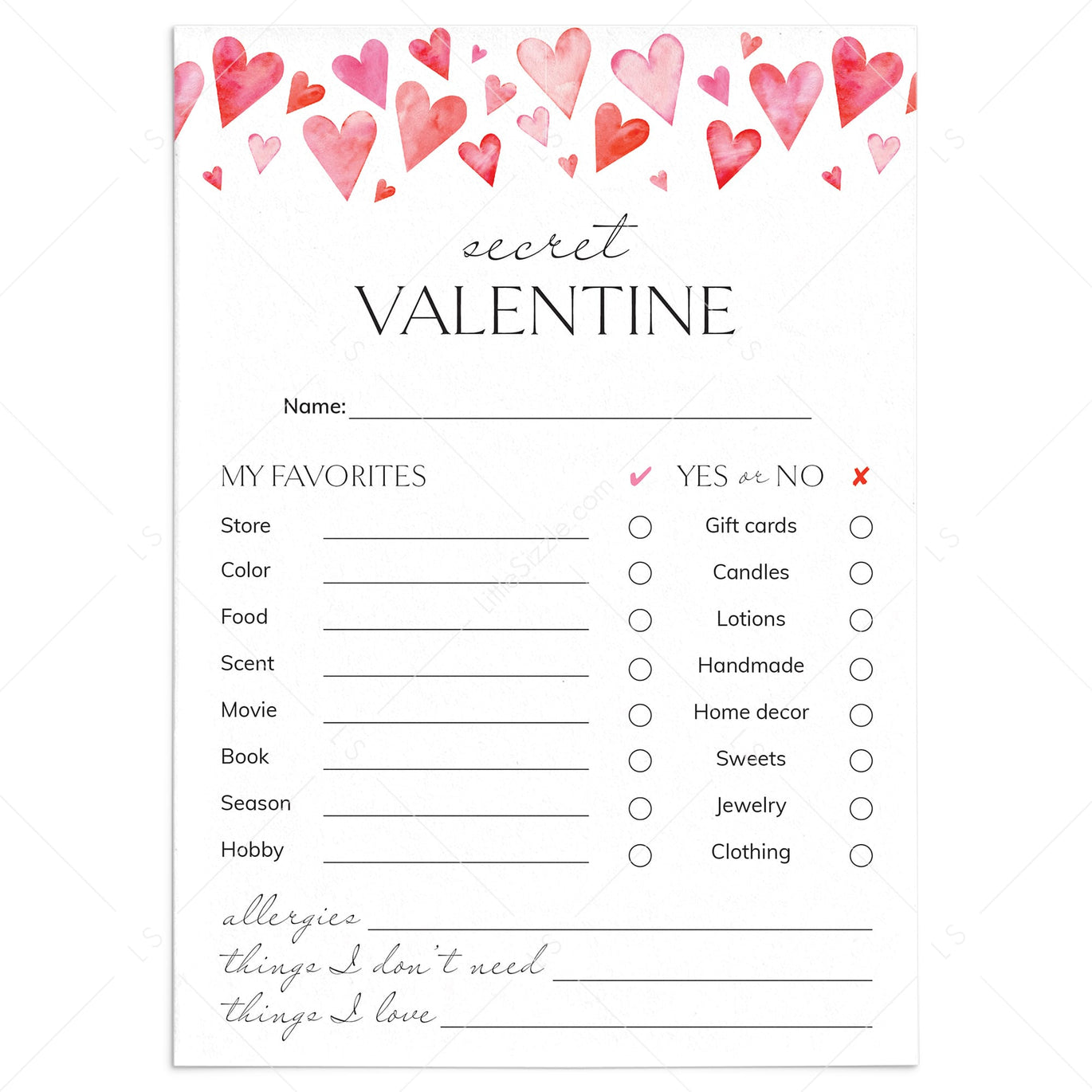 Secret Valentine Questionnaire Printables | Valentine Gift Exchange ...