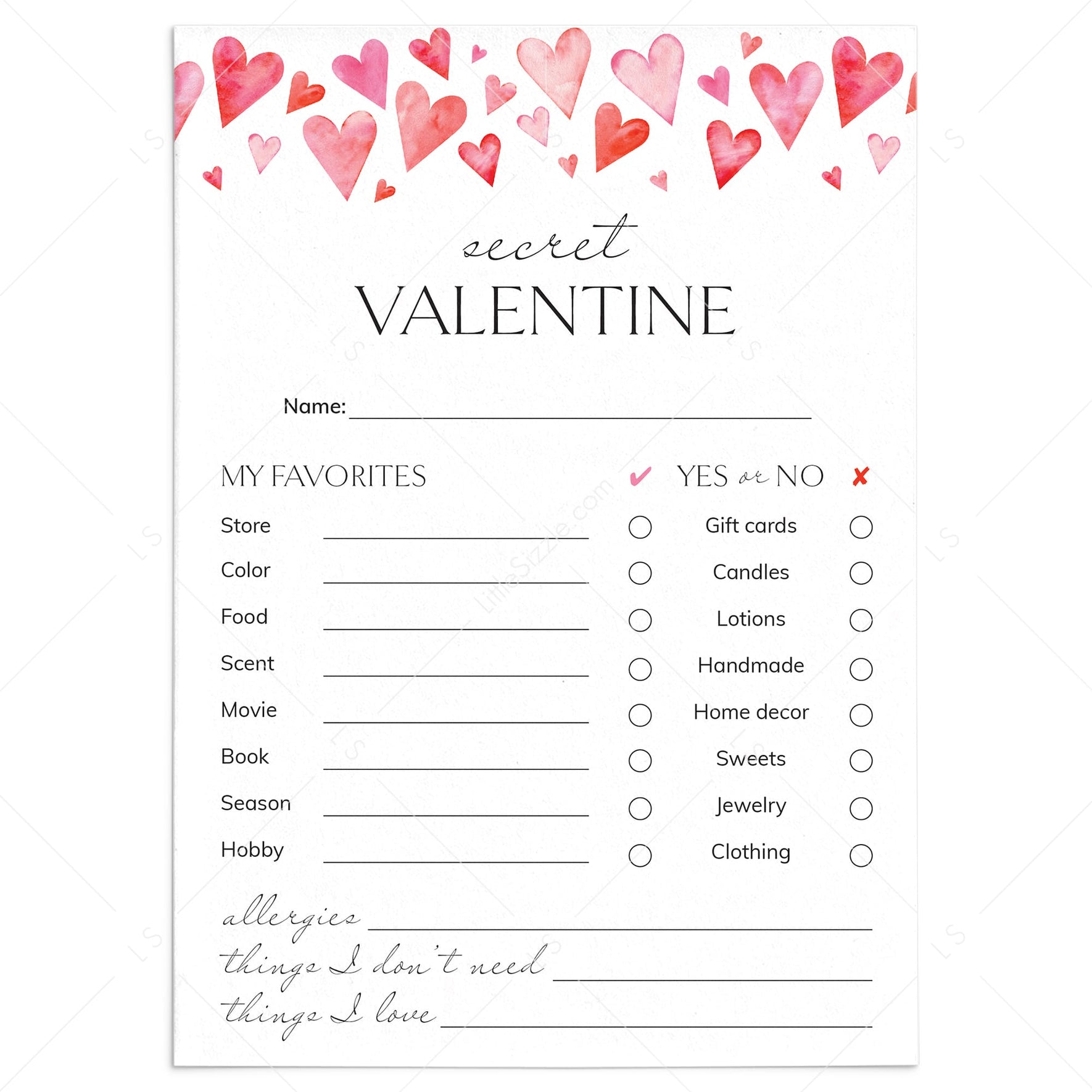 Secret Valentine Questionnaire Printables | Valentine Gift Exchange ...