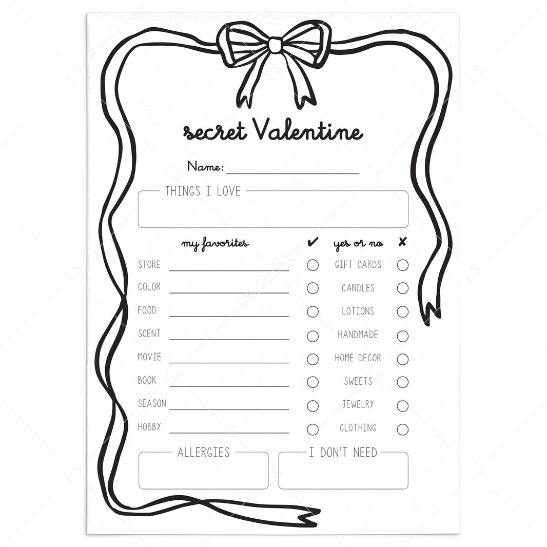 Secret Valentine Questionnaire Printables | Valentine Gift Exchange ...