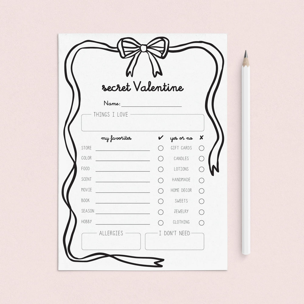 Secret Valentine Questionnaire Printables | Valentine Gift Exchange ...