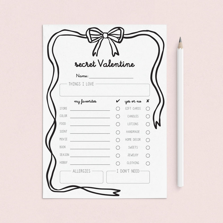 Secret Valentine Questionnaire Printables | Valentine Gift Exchange ...
