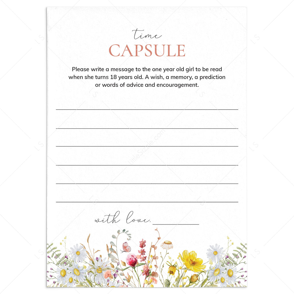 Wildflower 1st Birthday Time Capsule Card Printable | Girl First ...