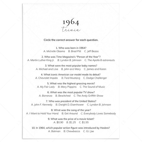 1964 Quiz and Answers Printable | All About The Year 1964 Trivia ...