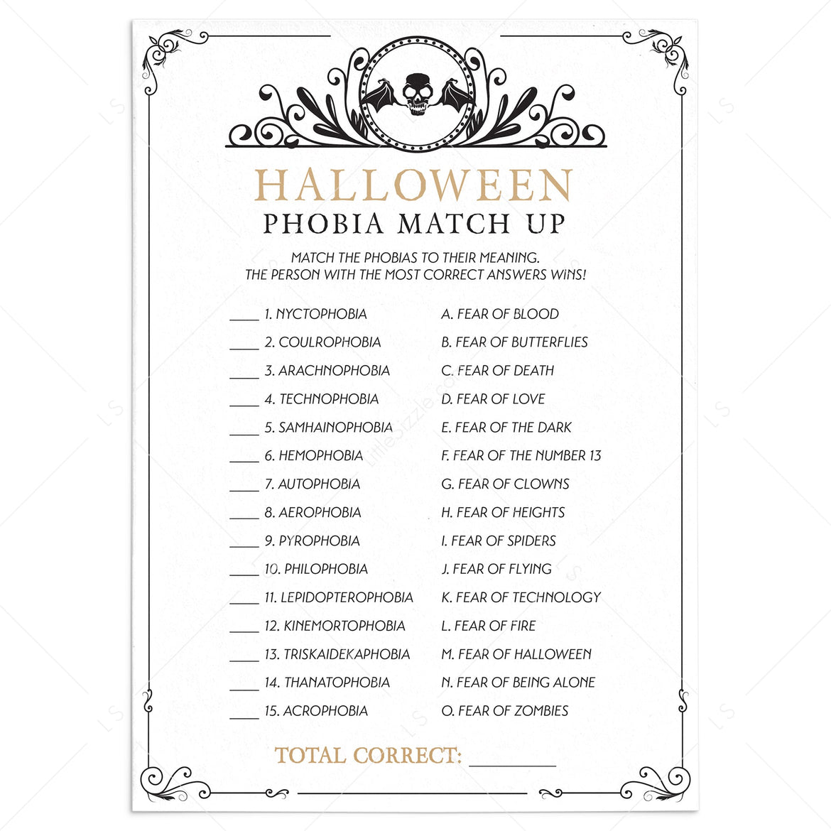 Halloween Phobia Match Up with Answer Key Printables – LittleSizzle