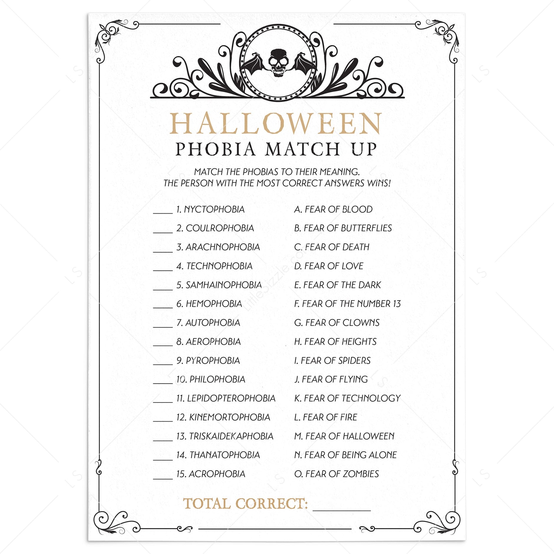 Halloween Phobia Match Up with Answer Key Printables – LittleSizzle