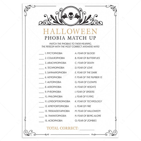 Match That Phobia Halloween Quiz with Answers Printable – LittleSizzle