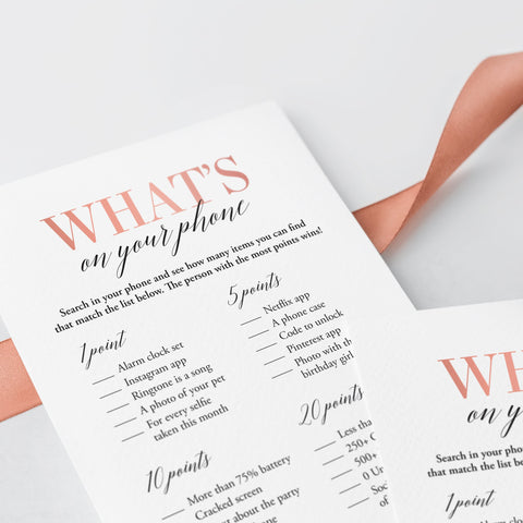 Fun Birthday Party Game What's On Your Phone Printable | Rose Gold ...