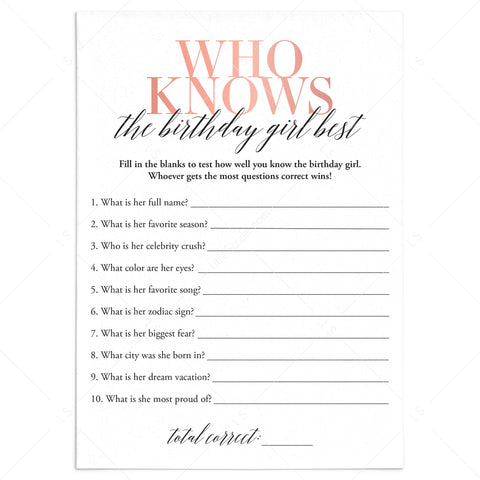 Who Knows The Birthday Girl Best Game Printable | Modern Blush ...