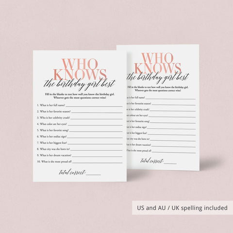 Who Knows The Birthday Girl Best Game Printable | Modern Blush ...