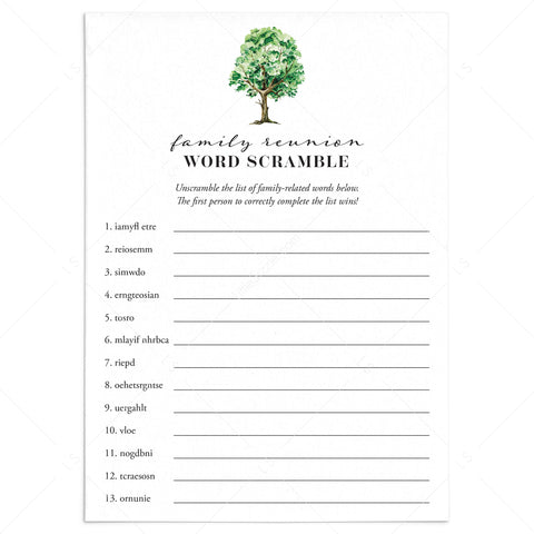 Family Reunion Word Scramble with Answer Key Instant Download ...