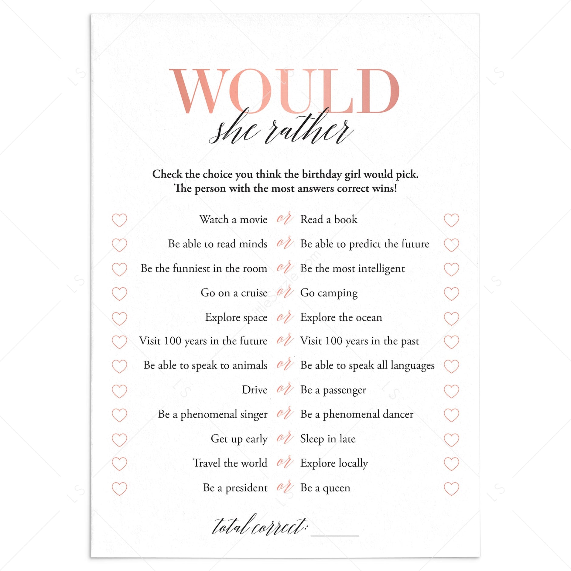 Would She Rather Birthday Games Printable | Birthday Would She Rather ...