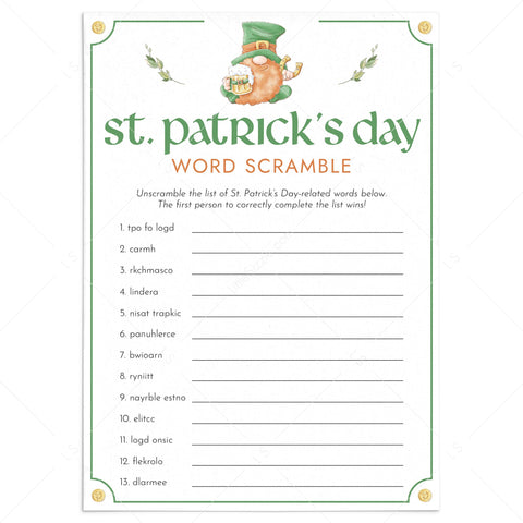 St Patricks Day Word Scramble with Answer Key Printable – LittleSizzle