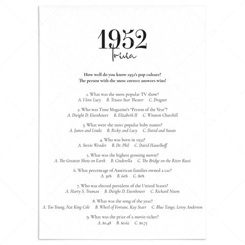 1952 Trivia with Answers Printable | Instant Download – LittleSizzle